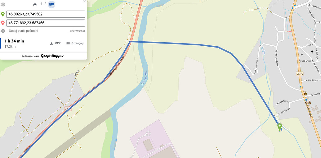 Routing issue – local GraphHopper builds route through fields and river ...